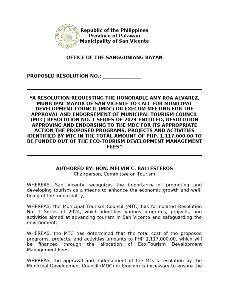 Proposed Resolution No. 2024-03-93 - Request To MDC For The Approval and Endorsement of MTC ...