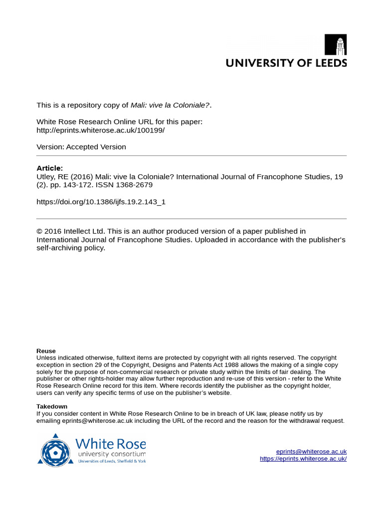 Rachel E Utley - Mali - Vive La Coloniale - Final Version | PDF | Mali ...