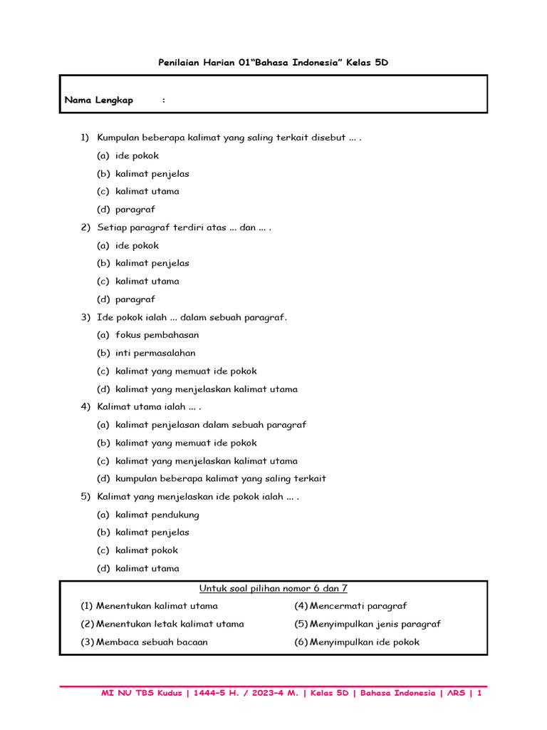 Penilaian Harian 01"bahasa Indonesia" Kelas 5D | PDF