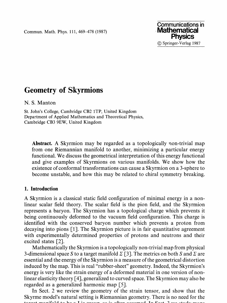 N. S. Manton - Geometry of Skyrmions | PDF | Deformation (Mechanics ...