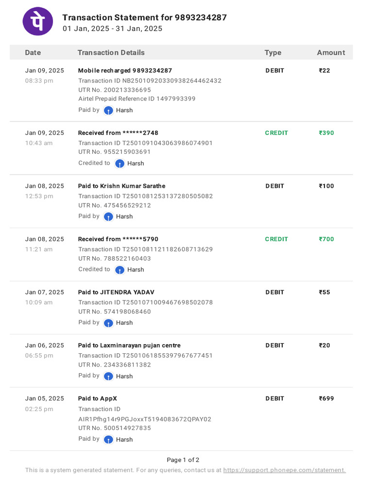 PhonePe Statement Jan2025 Jan2025 | PDF | Debit Card | Service Industries