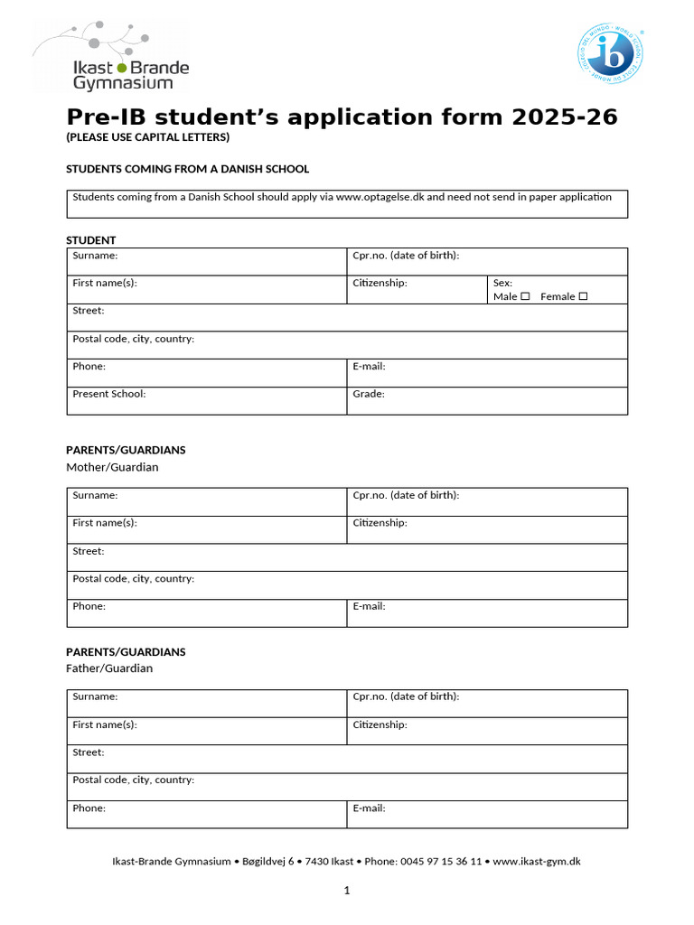 Pre IB Applicationform 2025 26 | PDF