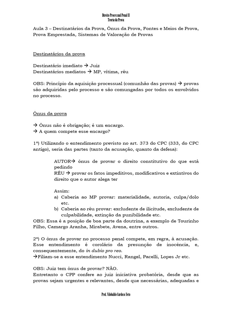 AULA 3. Destinatários Da Prova, Ônus Da Prova, Fontes e Meios de Prova ...