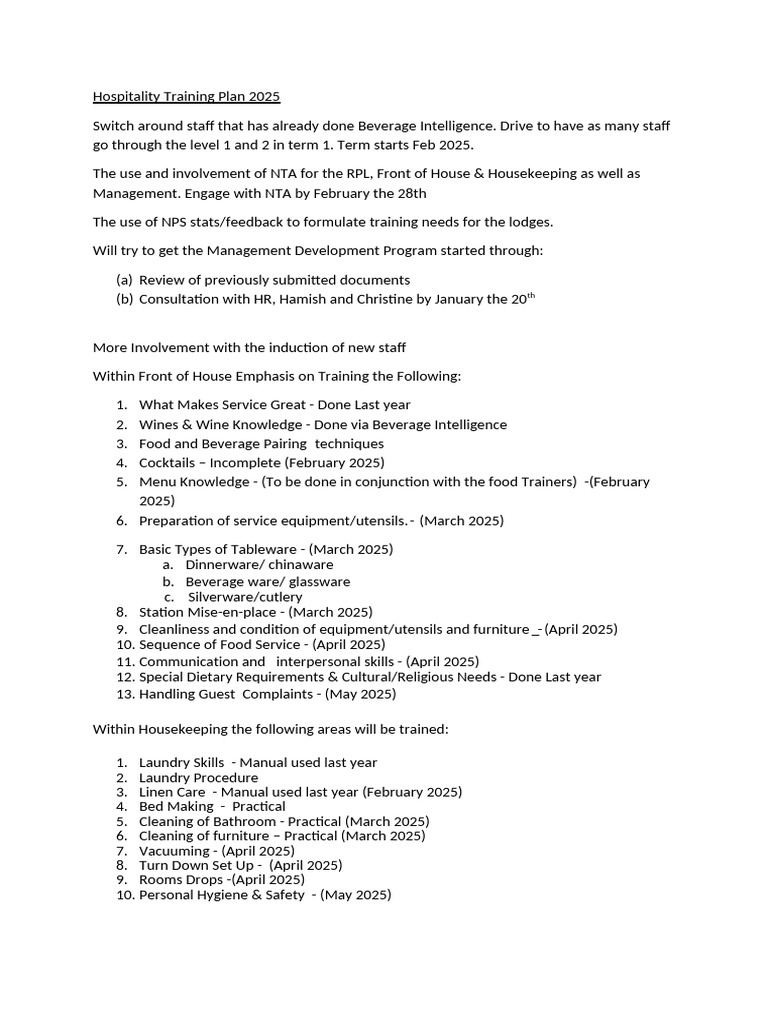 2025 Hospitality Staff Training Plan | PDF | Tableware