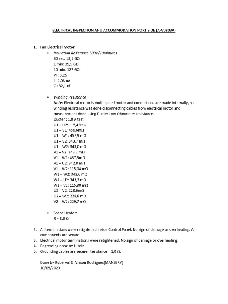 Electrical Inspection Ahu Accommodation Port Side | PDF