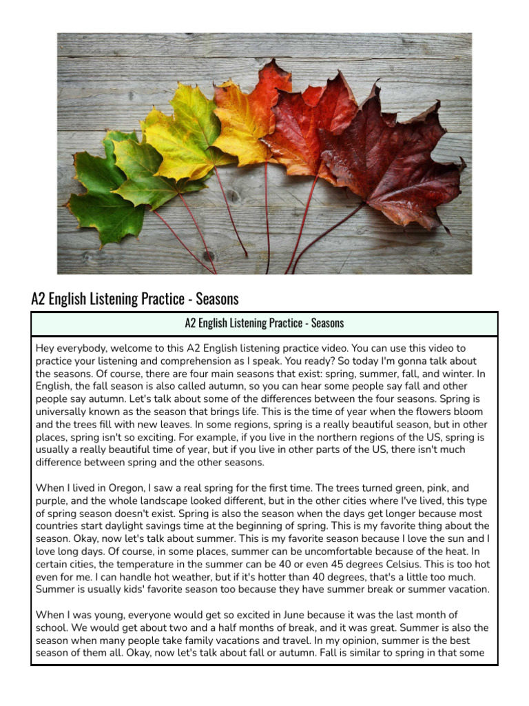 A2 English Listening: Seasons Overview | PDF