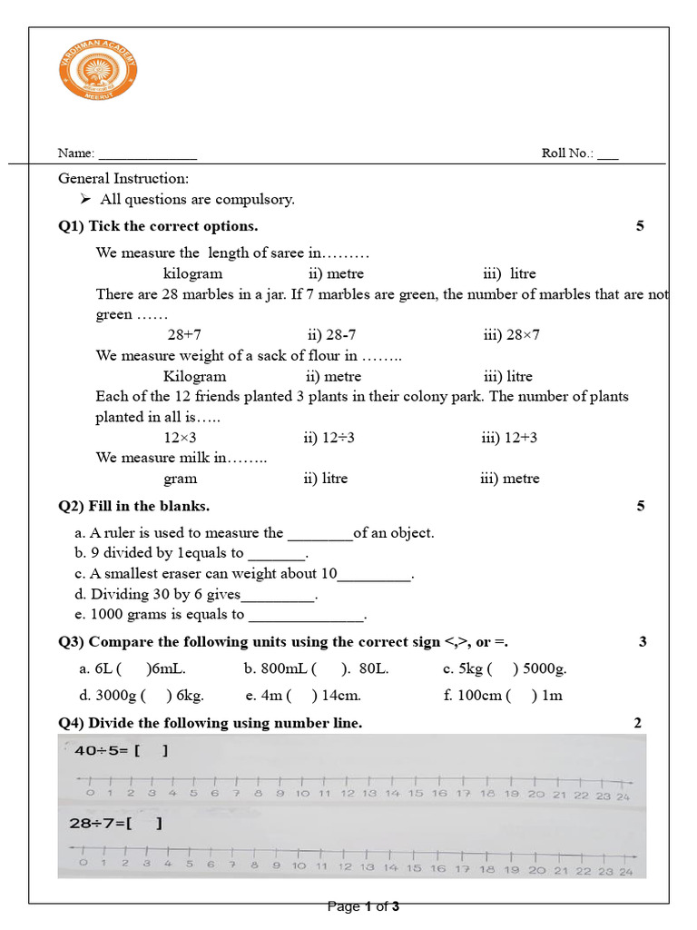 CLASS II MATHS PA 2 SET 1 | PDF | Metrology | Quantity