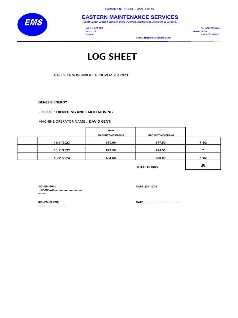 Genesis Log Sheet - 14.11.23 To 16.11.23 | PDF