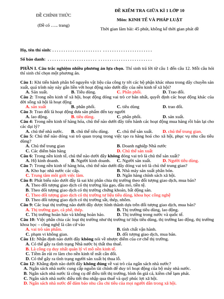 Đề gốc k10 - KTPL | PDF