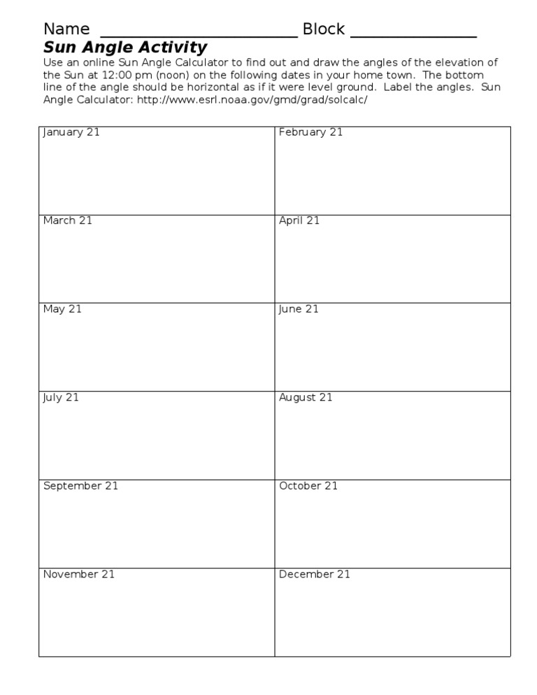 Sun Angle Calculation Activity | PDF
