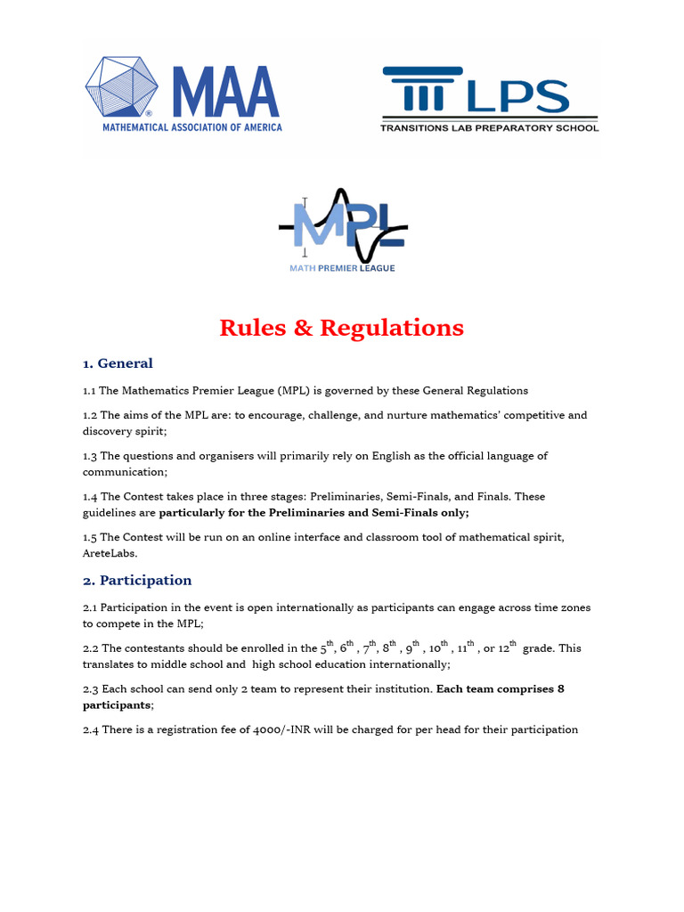 MPL RULES AND REGULATIONS | PDF | Mathematics | Multiple Choice
