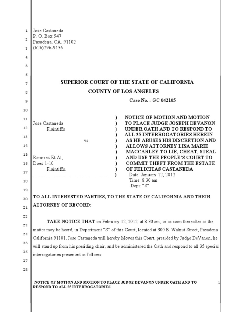 Motion to Place Judge DeVanon Under Oath | PDF | Interrogatories ...