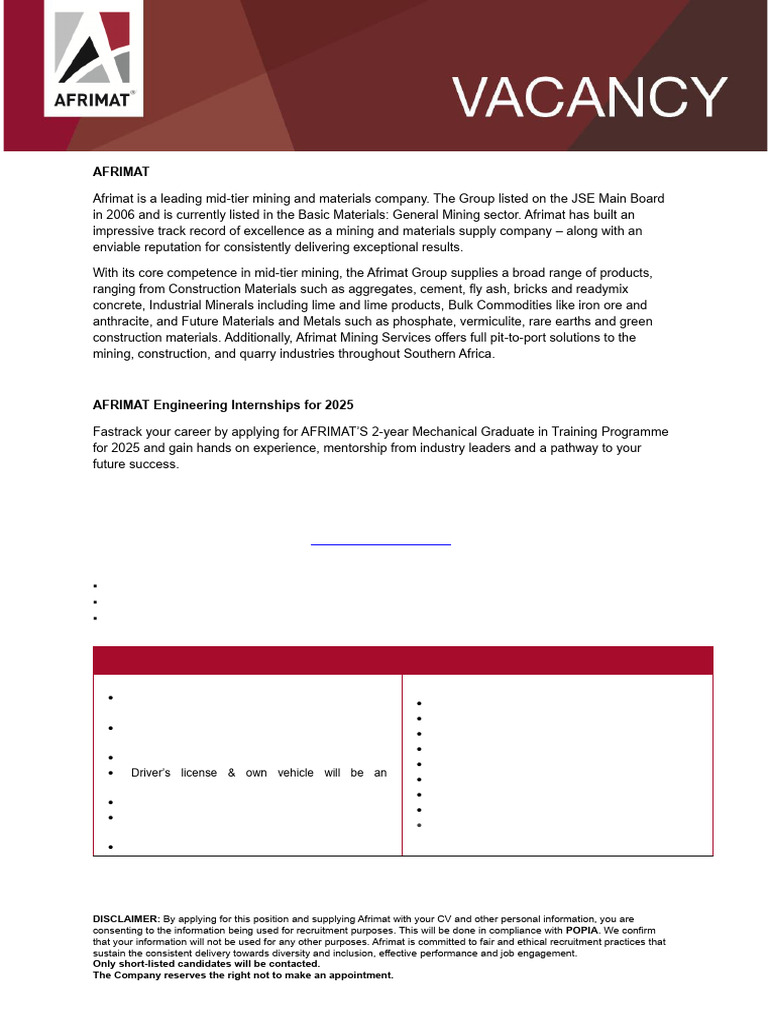 2025 Mechanical Engineering Internships | PDF | Recruitment | Mining