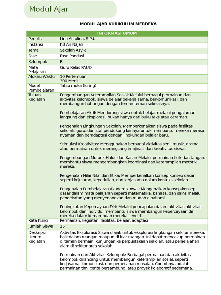Modul Ajar PAUD: Sekolah Asyik | PDF