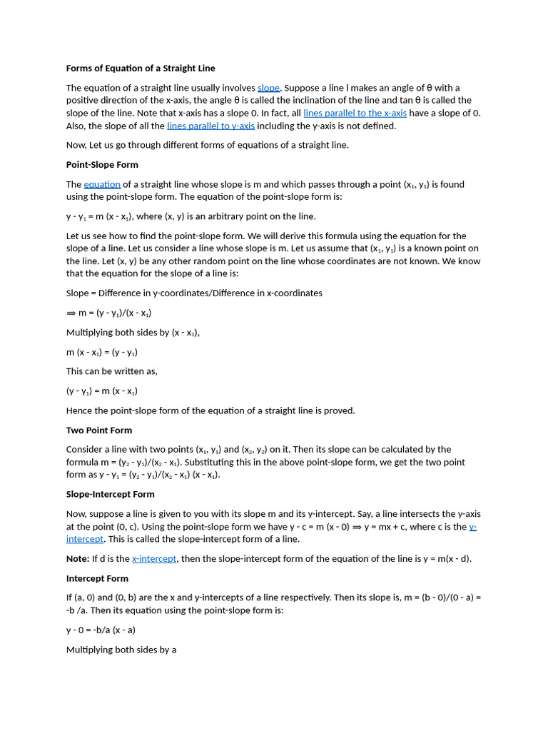 Forms of Equation of A Straight Line | PDF | Line (Geometry) | Slope