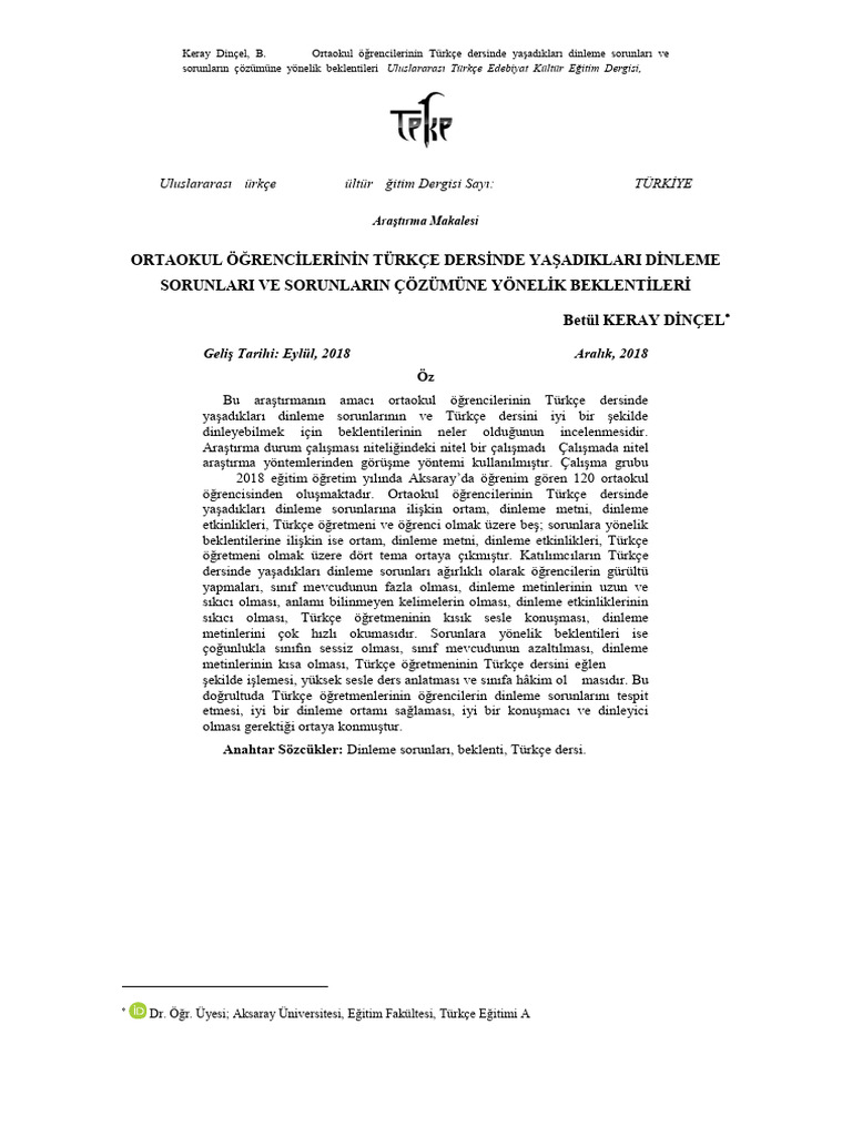 Ortaokul - Renc - Ler - N - N T - RK - e Ders - Nde Ya - Adiklari D - Nleme Sorunlari Ve ...