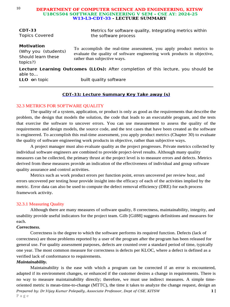 W13-L3-CDT33 Se U18cs504 | PDF | Usability | Software Quality