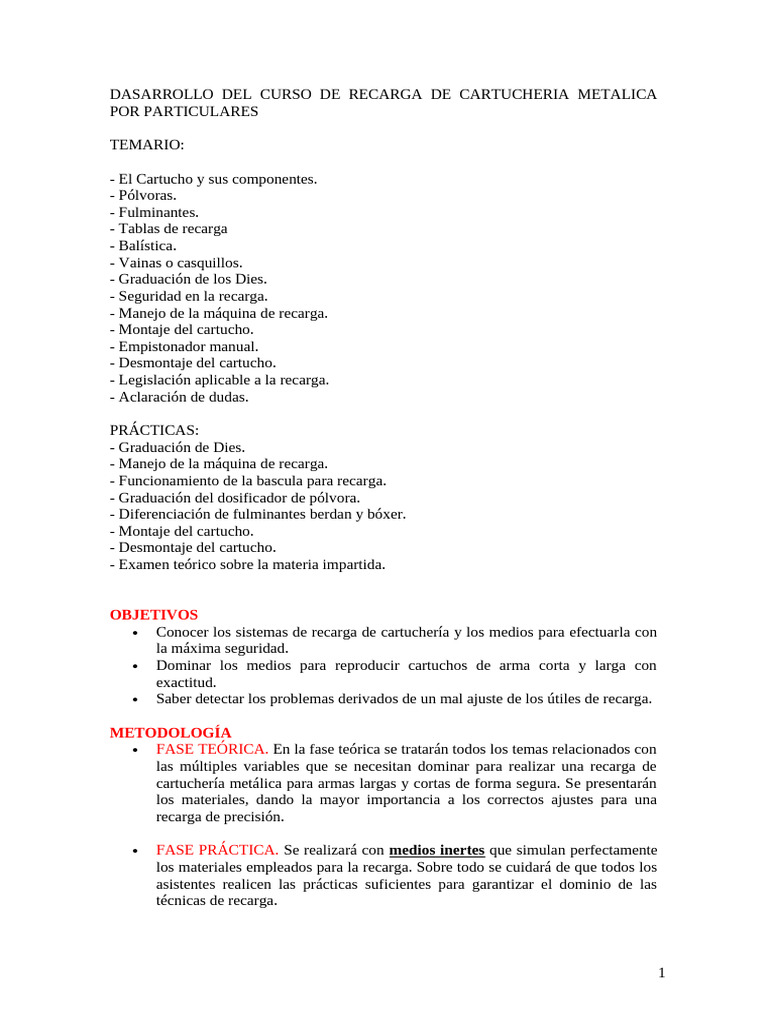 Dasarrollo Del Curso de Recarga de Cartucheria Metalica Por P | PDF ...