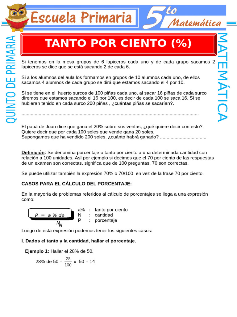 Tanto Por Ciento para Quinto de Primaria | PDF | Porcentaje
