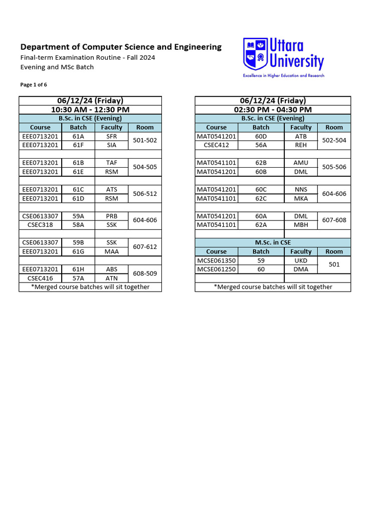 BSC in CSE Evening MSC Batches Final Examination Routine Fall 2024 | PDF | Science | Computer ...