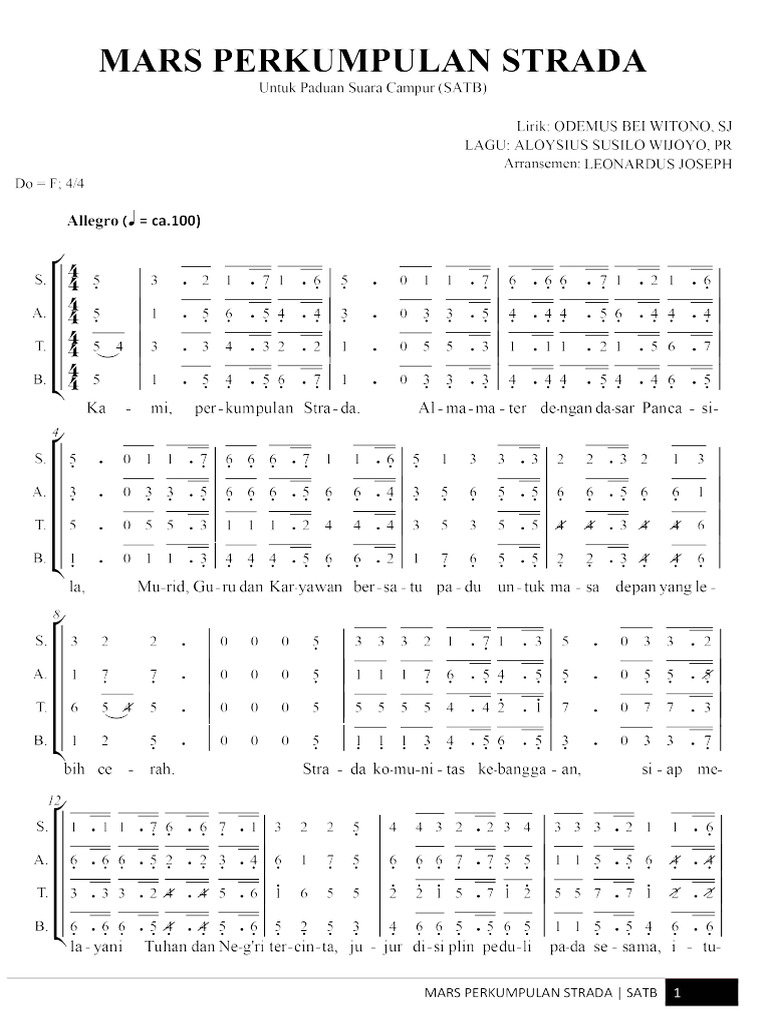 Mars Perkumpulan Strada - SATB - Not Angka (Revisi-3 28 April 2024) Hal 1 | PDF