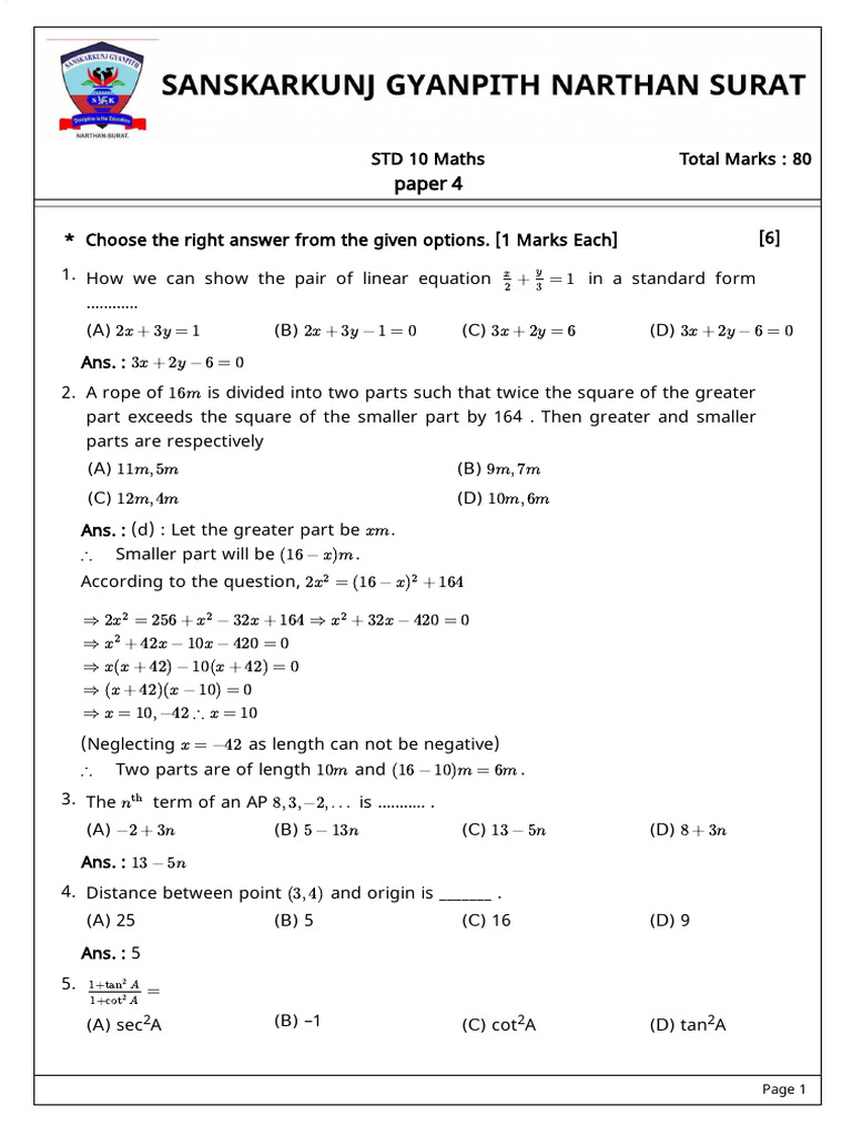 Paper 4 - Solution | PDF | Quadratic Equation | Circle