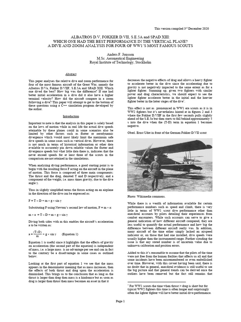 WW1 Scout Dive and Zoom Performance Paper PA31 | PDF | Biplane | Drag ...