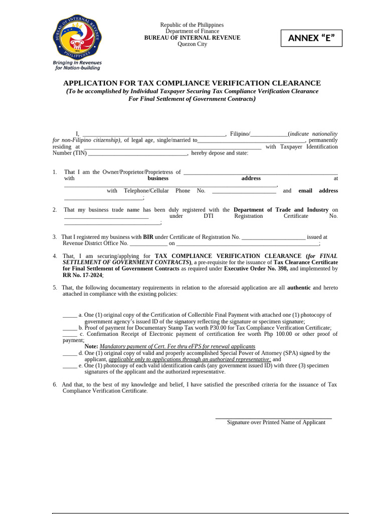 Application Form For Tax Compliance Verification Clearance For Final ...