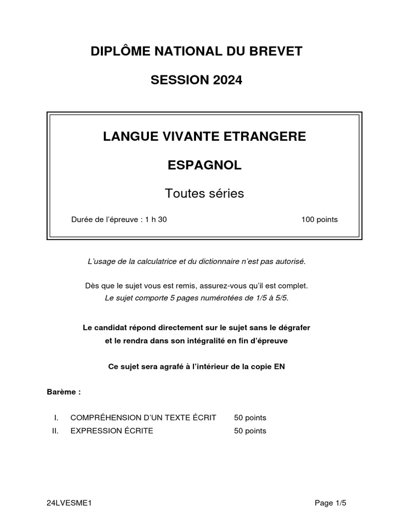 Dipl Me National Du Brevet 2024 Langue Vivante Trang Re Espagnol 195933 | PDF