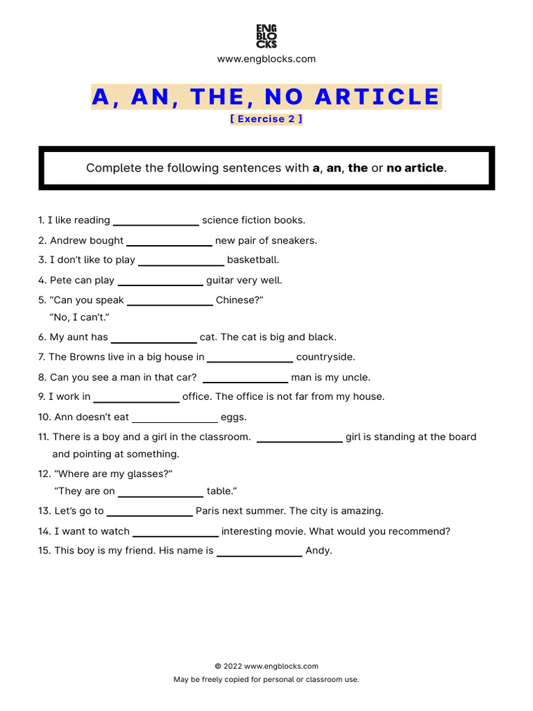 A An The No Article Exercise 2 | PDF