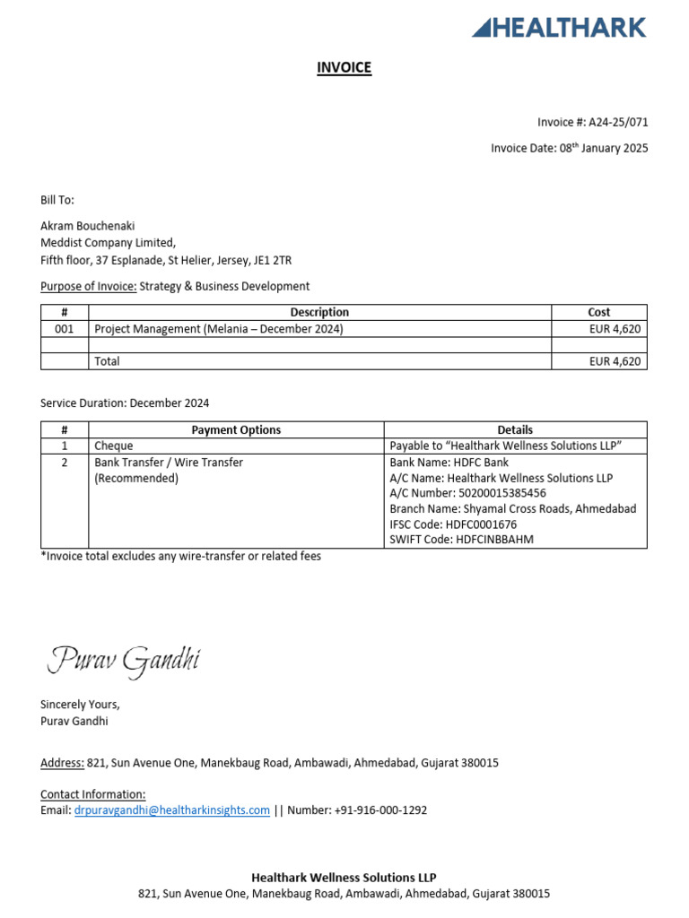 Invoice A24-25 - 071 - Healthark Insights - ALJ - 08 Jan 2025 | PDF