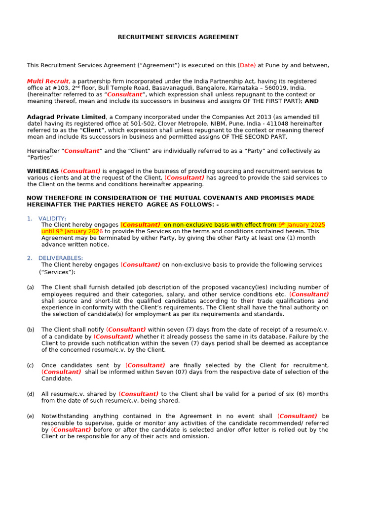 Recruitment Service Agreement Draft | PDF | Indemnity | Civil Law (Legal System)
