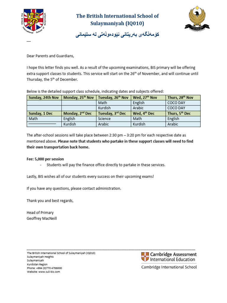 Extra Support Classes - Notice To Parents 2024-25 | PDF