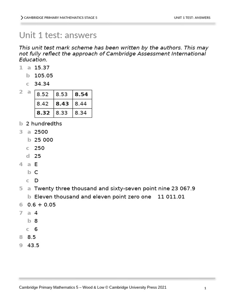Prim Maths 5 2ed TR Unit Test Answers 1 | PDF