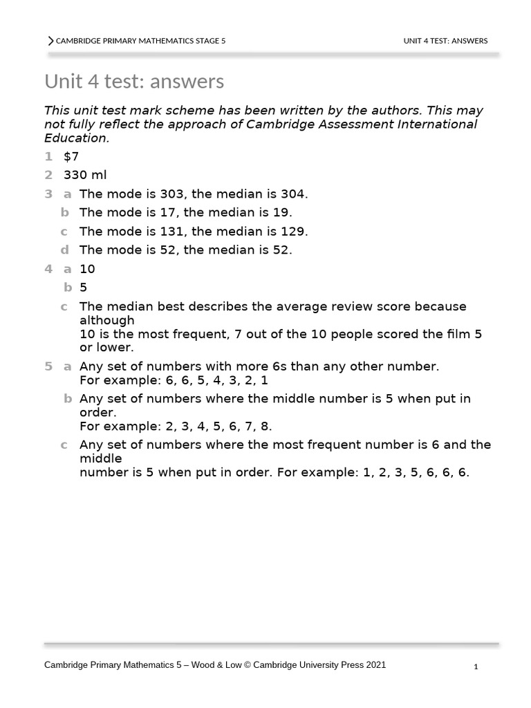 Prim Maths 5 2ed TR Unit Test Answers 4 | PDF