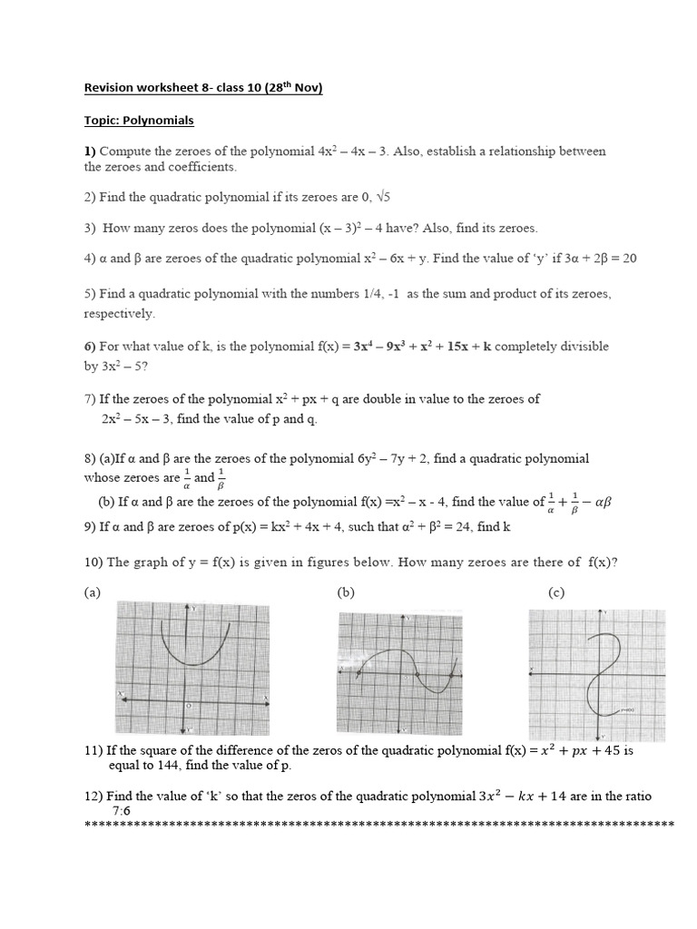 Class 10 Polynomial & Quadratic Equations Worksheet | PDF | Zero Of A Function | Quadratic Equation