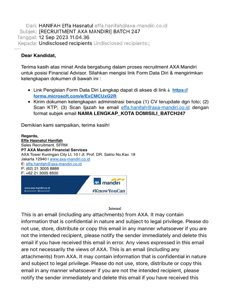 (Recruitment Axa Mandiri) Batch 247 | PDF
