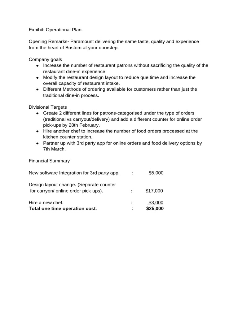 Paramount Restaurant Operational Plan | PDF | Restaurants