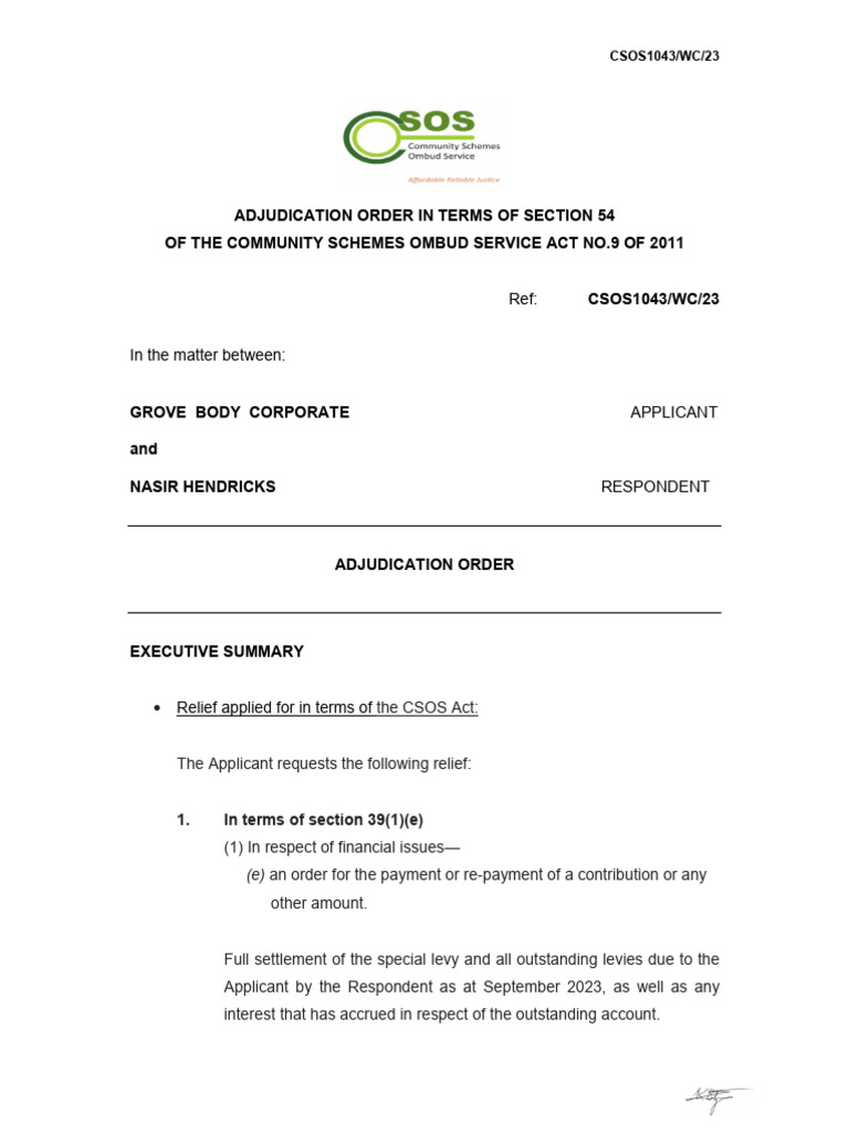 Adjudication Order: CSOS Act Section 39 | PDF | Burden Of Proof (Law ...