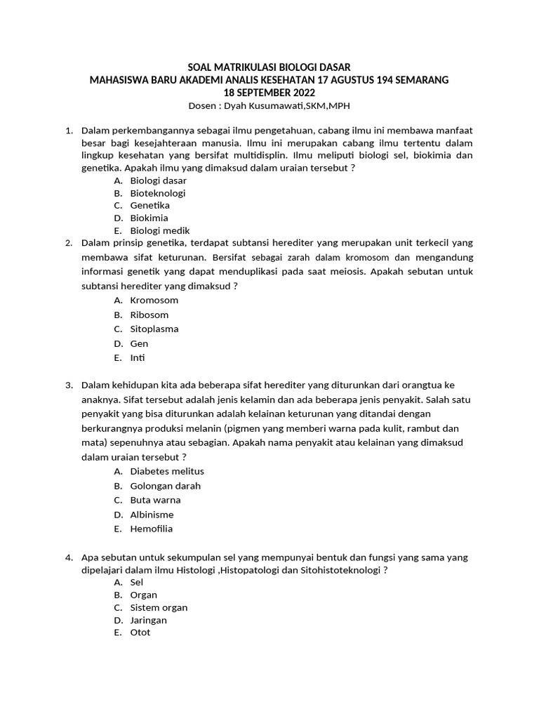 Soal Matrikulasi Biologi Dasar 2022 | PDF
