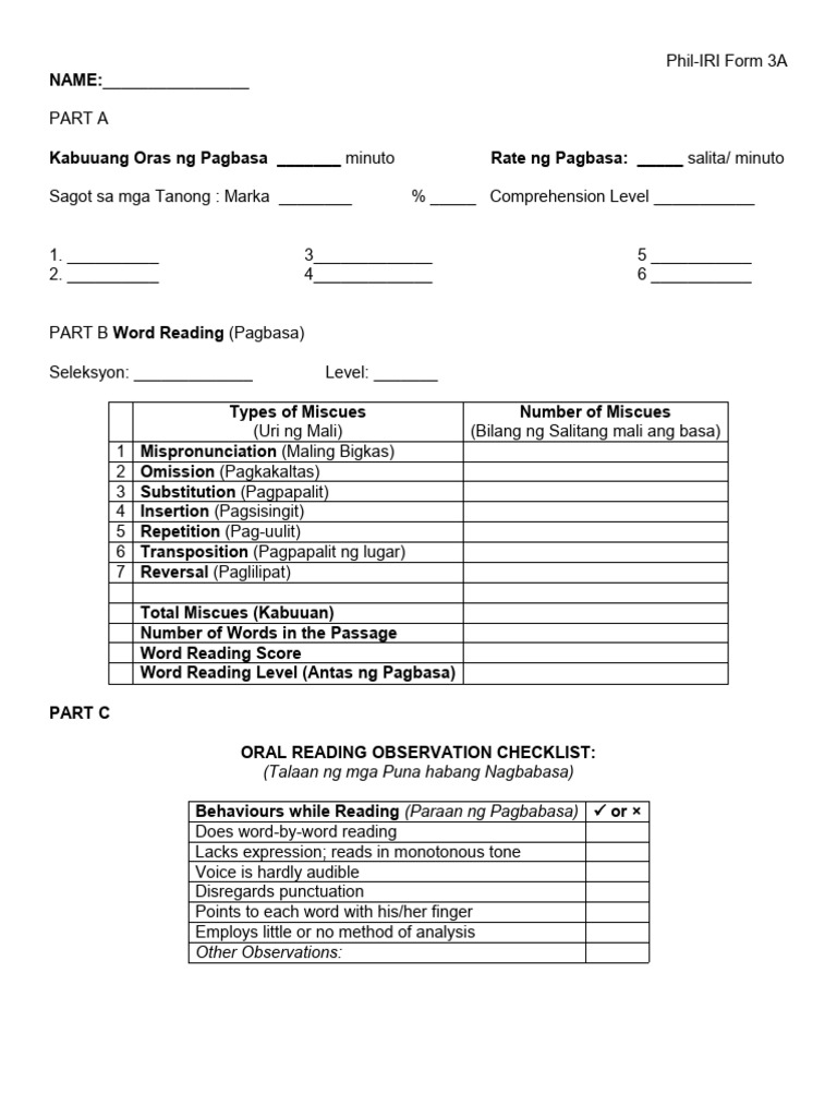 PHIL IRI FORMS-pages-1 | PDF | Written Communication | Linguistics