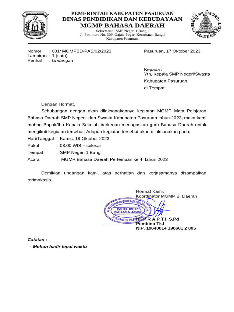 Undangan MGMP Bader | PDF