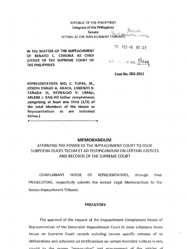 Prosecution’s Memorandum Affirming the Power of the Impeachment Court ...