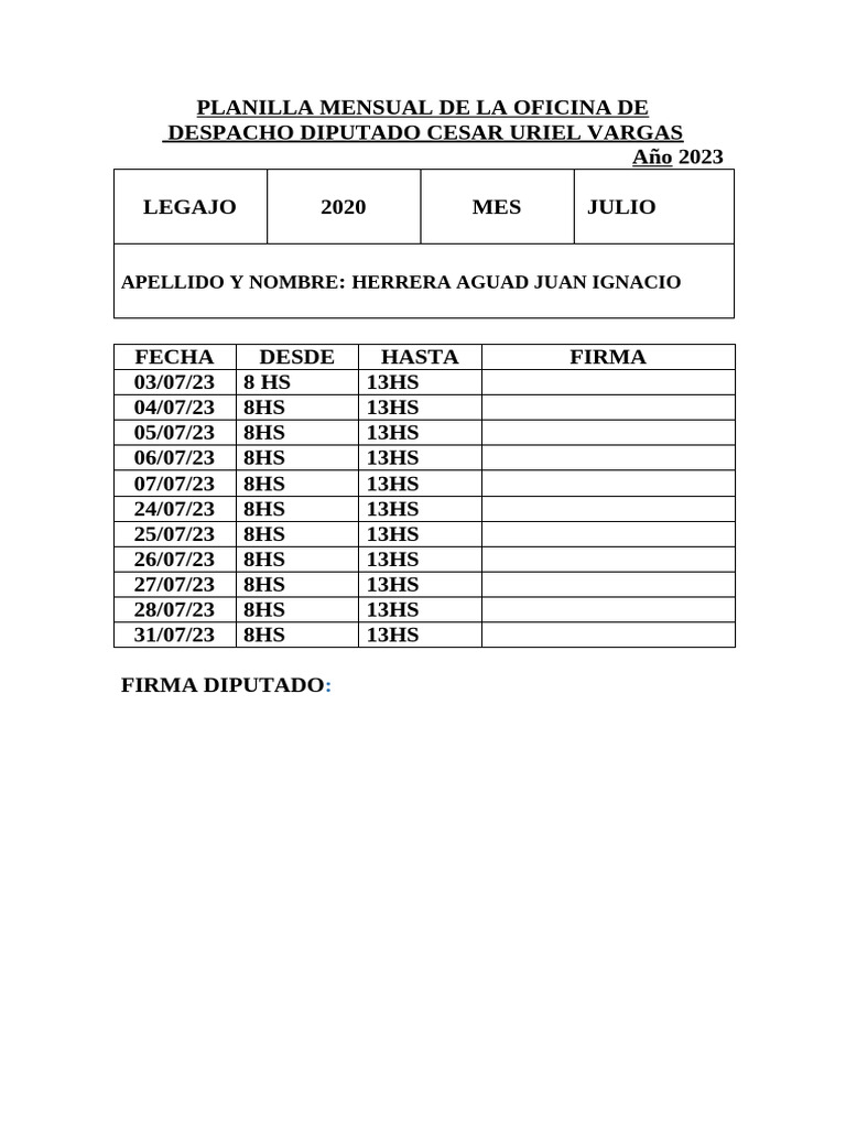 Planilla Mensual Juan Ignacio Julio 2023 | PDF