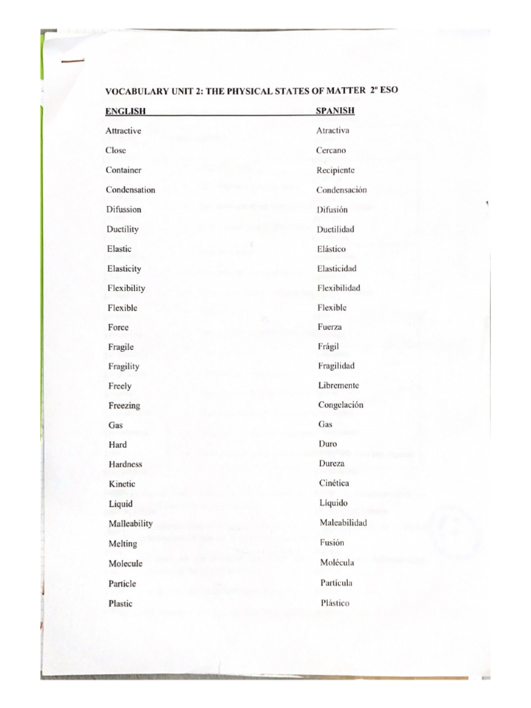 Vocabulary Unit 2 The Physical States of Matter 2° Eso | PDF