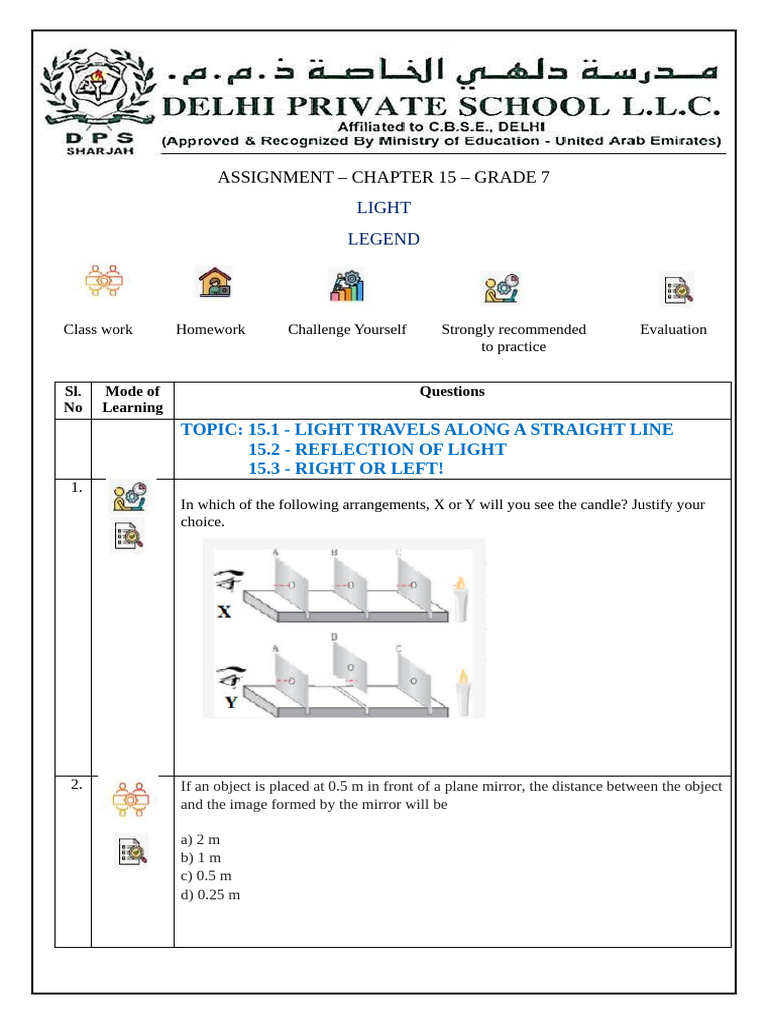 Gr 7 Assignment Ch 15 Light (1) | PDF | Mirror | Optics