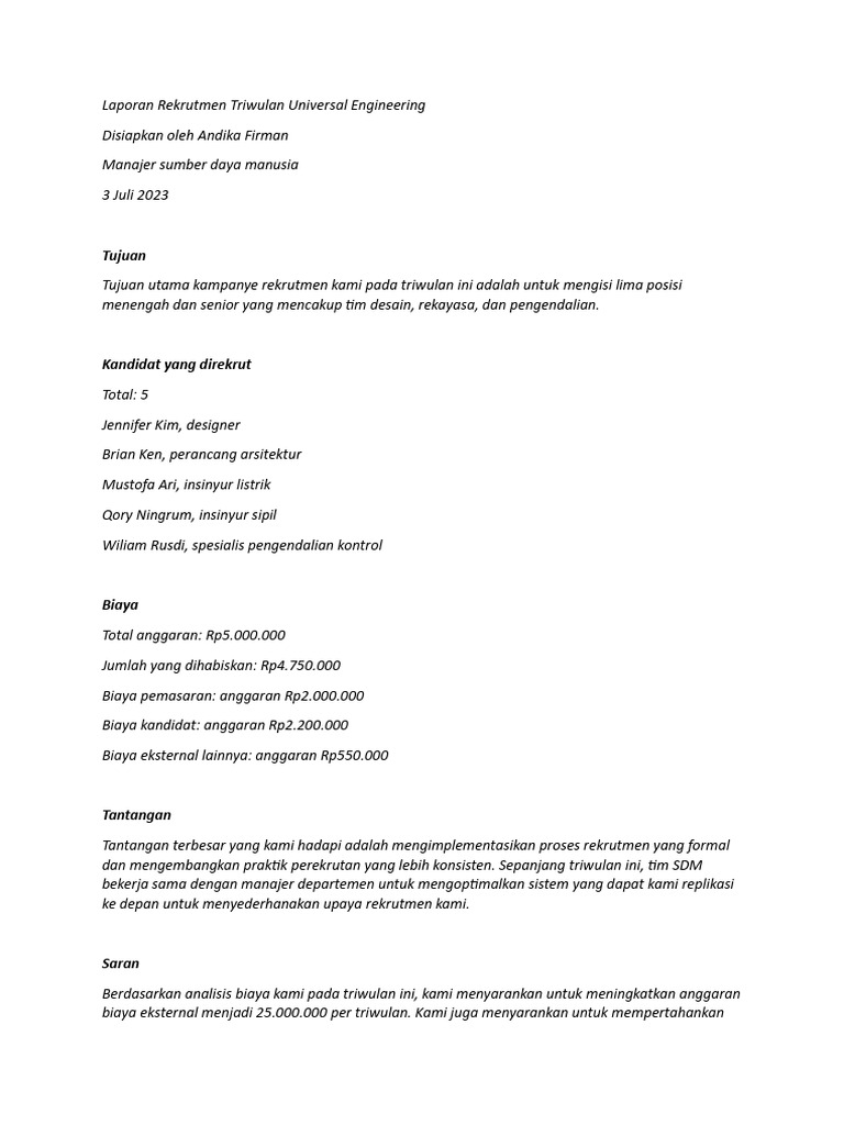 Contoh Laporan Rekrutmen Triwulan Universal Engineering | PDF