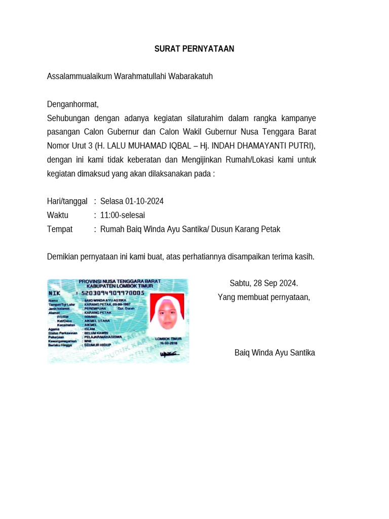 Surat Pernyataan Kampanye Winda Ayu | PDF