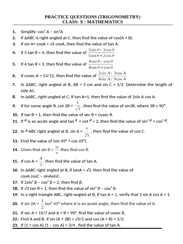 Trigonometry Practice Questions for Class X | PDF | Trigonometric ...