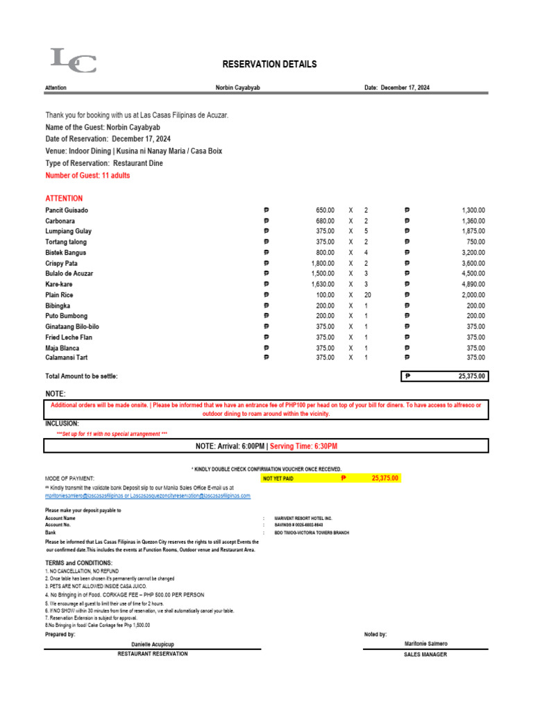 Resto Reservation Details Updated Norbin Cayabyab | PDF